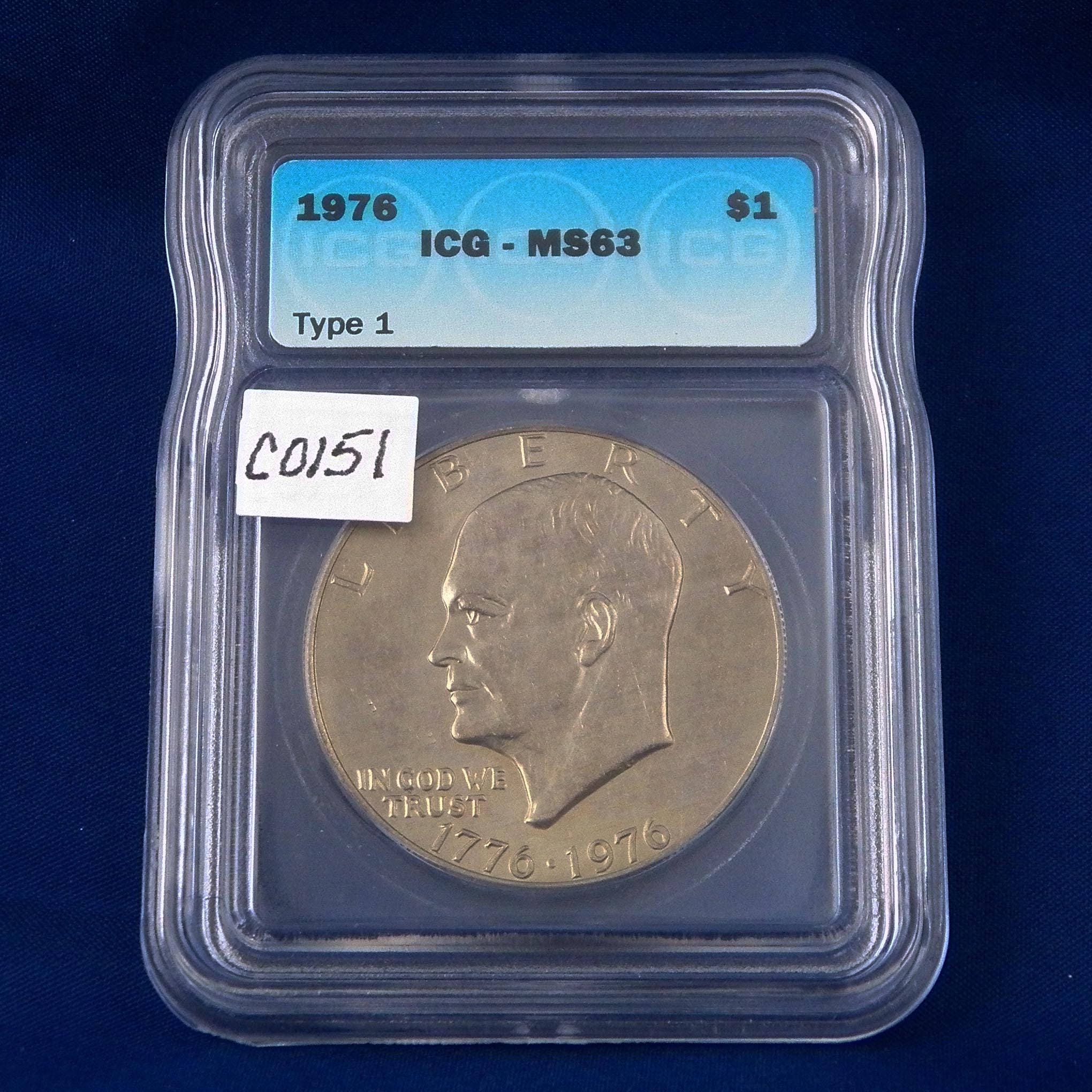 1976 Type 1 Eisenhower Clad Silver Dollar, ICG MS63, Graded in Holder ...