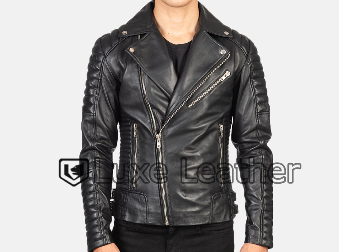 Men's Genuine Leather Jacket Black Goat Skin Leather Cross Zip Brando ...