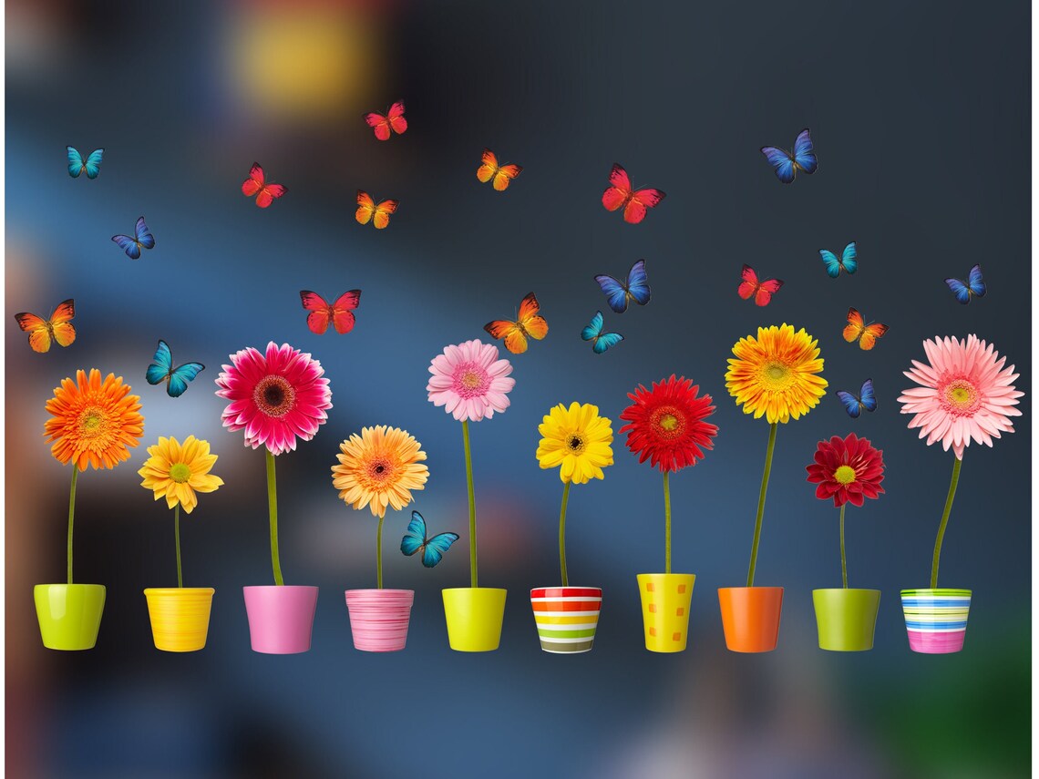 Flower Pots Window Stickers 10 Individual Colourful Flowers | Etsy