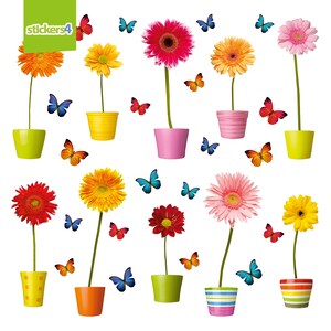 Flower Pots Window Stickers - 10 Individual Colourful Flowers in Pots ...