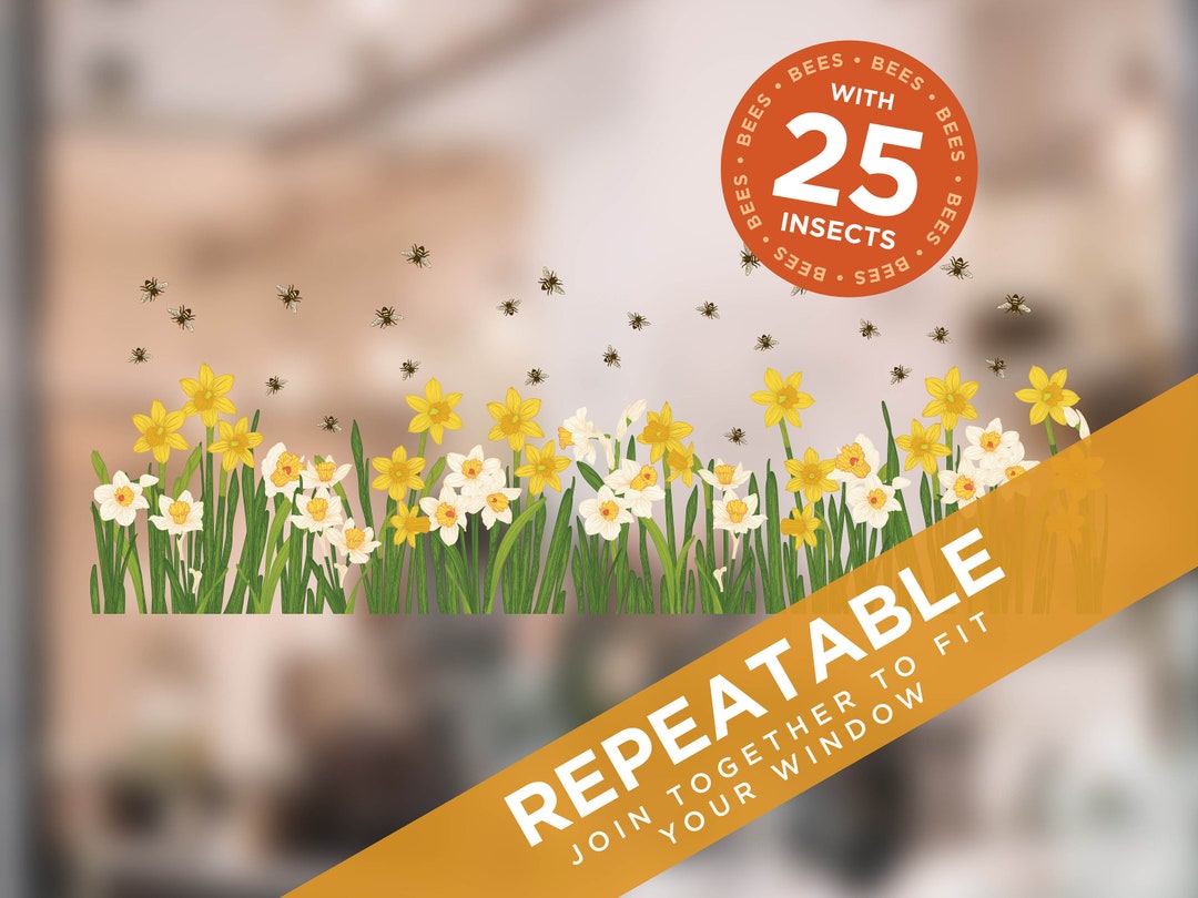 Illustrated Daffodil Border With Bees Window Stickers, Decorative ...