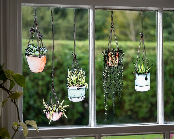 Illustrated Hanging Plants Window Stickers Reusable No - Etsy