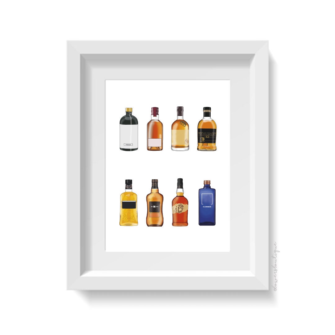 Minimal Whiskey Illustration Print, Whisky Bottle Drawings, Kitchen Bar ...