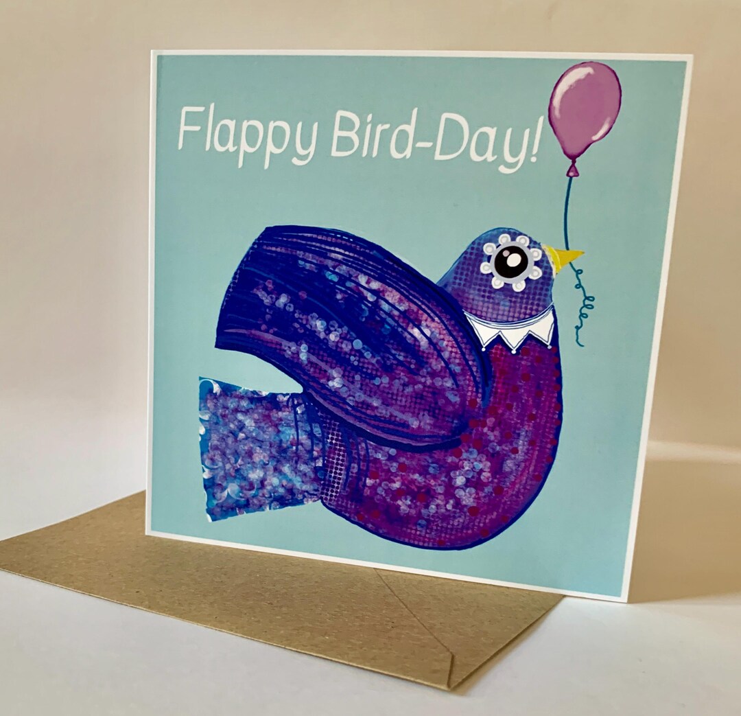 Birthday Card Big Blue Bird With a Balloon With the Slogan 'flappy Bird ...