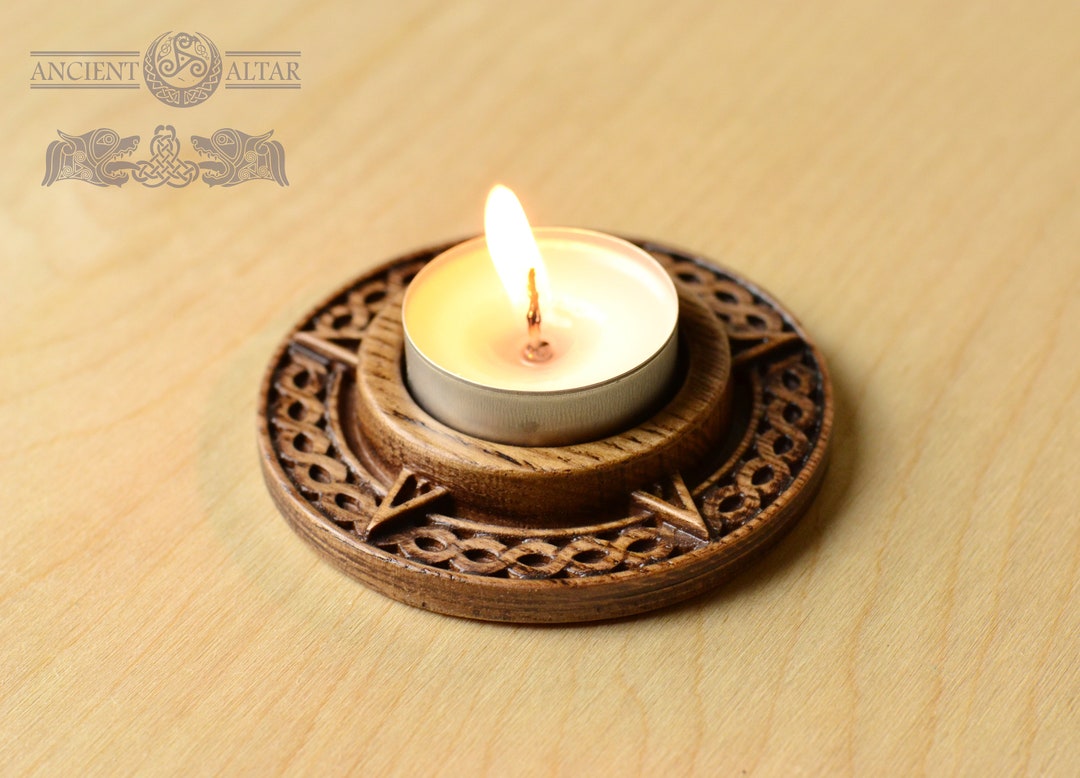 Handmade Viking Candle Holder – Norse Oak Wood Candlestick With Nordic ...