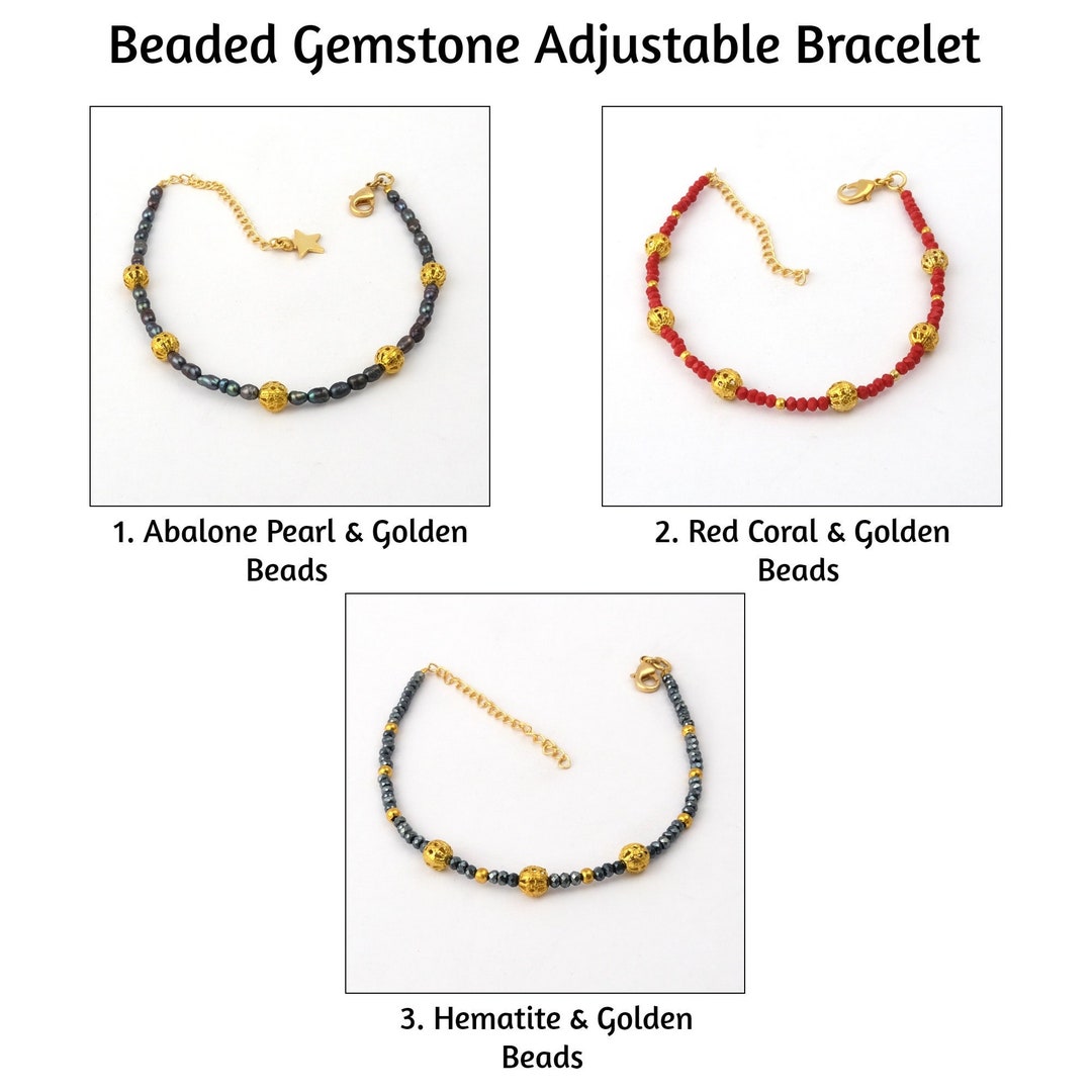 Handmade Gemstone Adjustable Beaded Bracelet, Gold Chain Lobster Claw ...