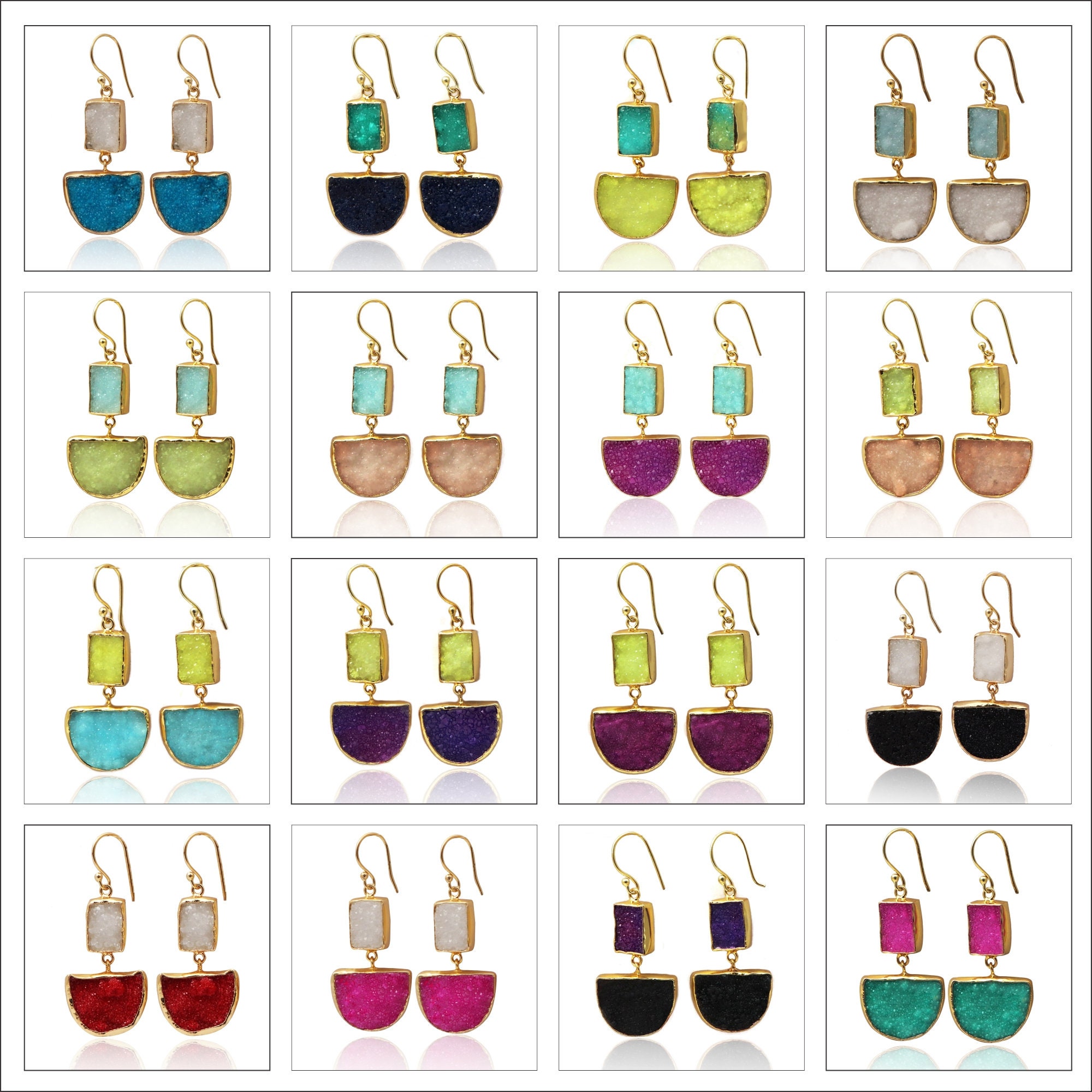 Handmade Gold Plated Agate Druzy Dangle Earrings, Women's Party Jewelry ...