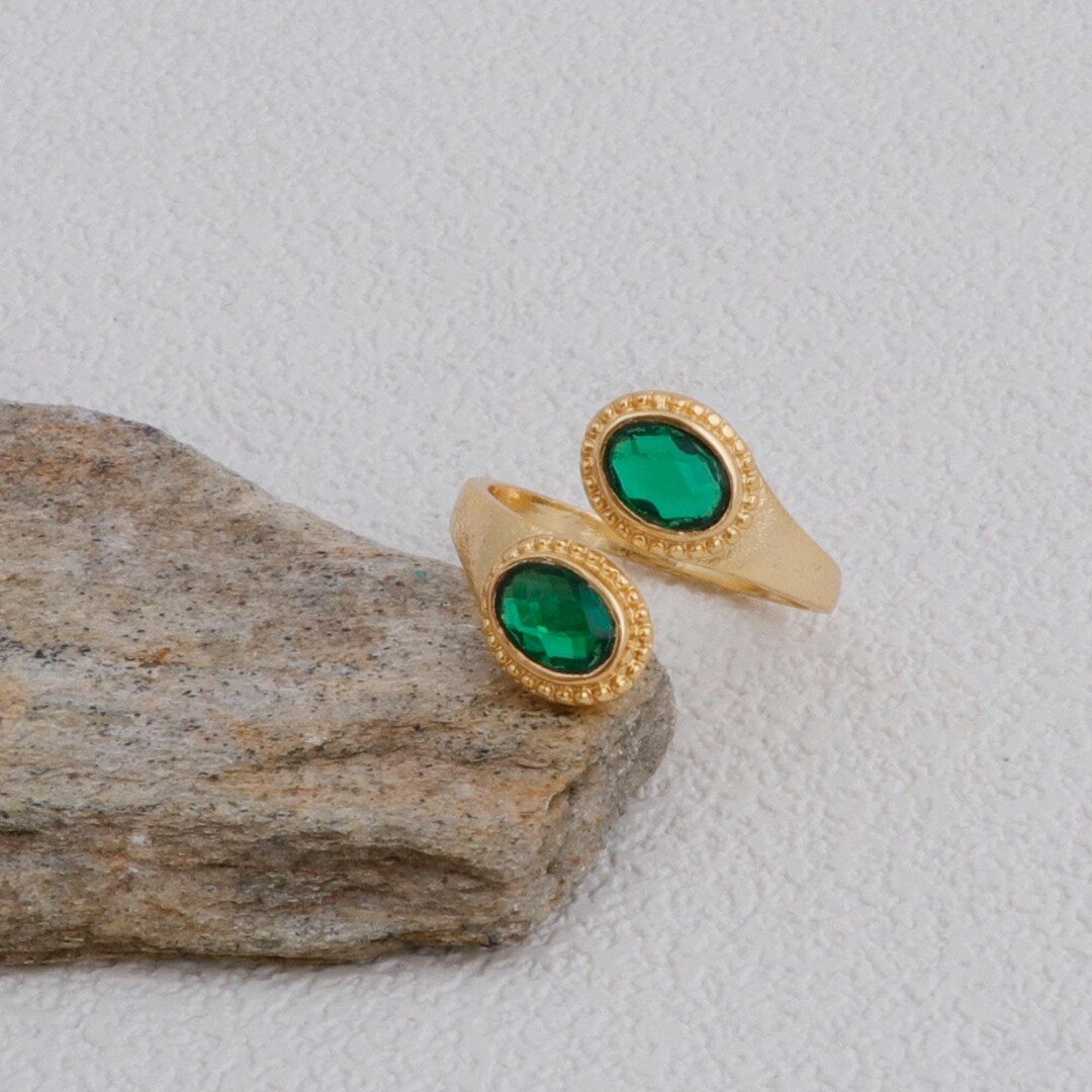 Emerald Quartz Bypass Style Gemstone Ring - Gold Plated Egyptian ...