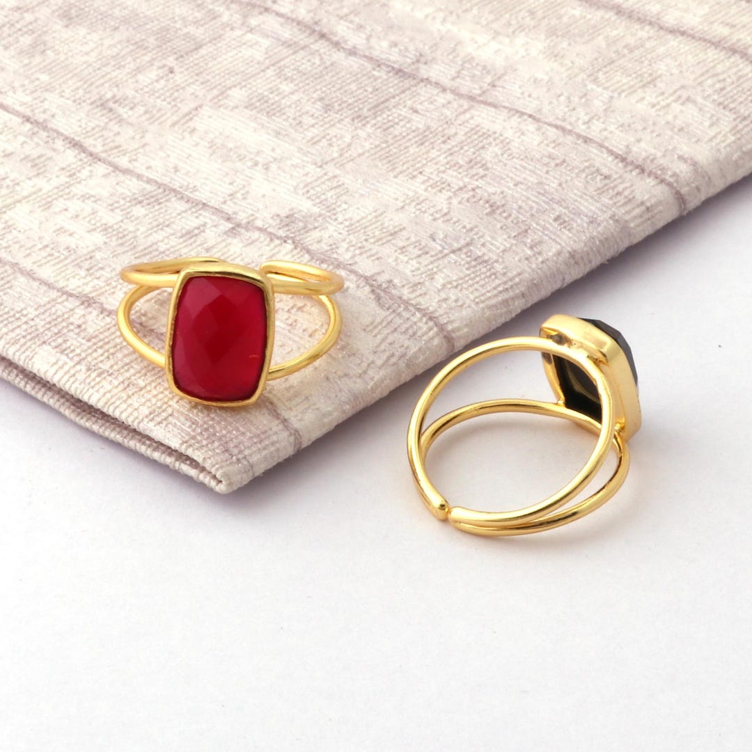 Rectangle Shape Checker Cut Ruby, Moonstone, Chalcedony Gemstone Ring ...