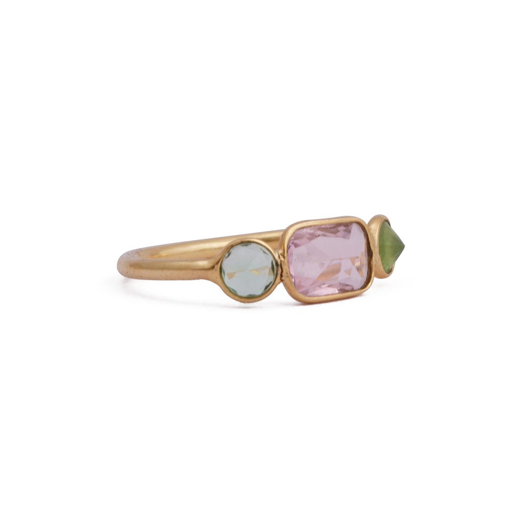 Pink Quartz Three Gemstone Single Band Ring - Multi Gemstone Band Rings ...