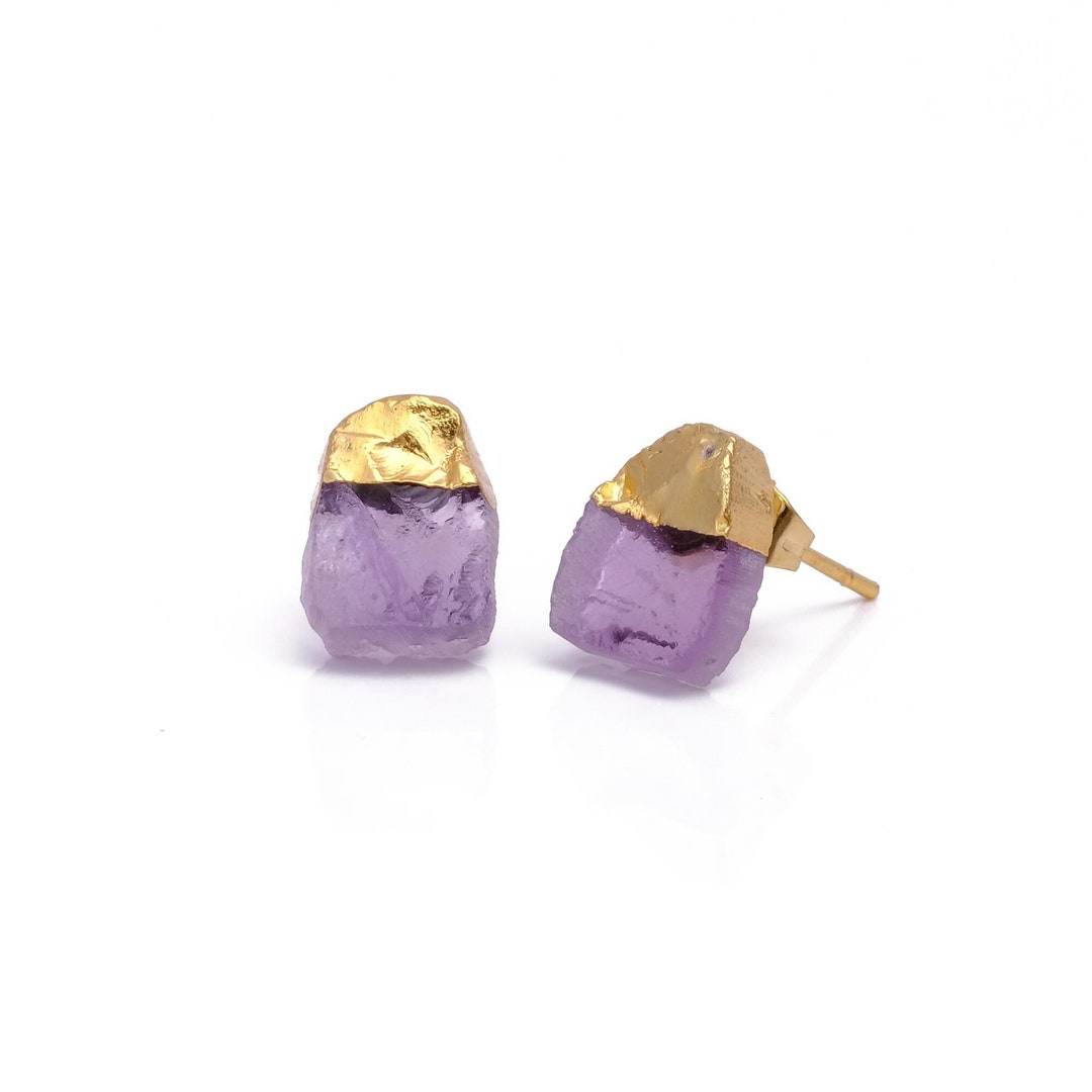Natural Raw Electroplated Stud Earrings - Birthstone Stud Dainty Rough ...