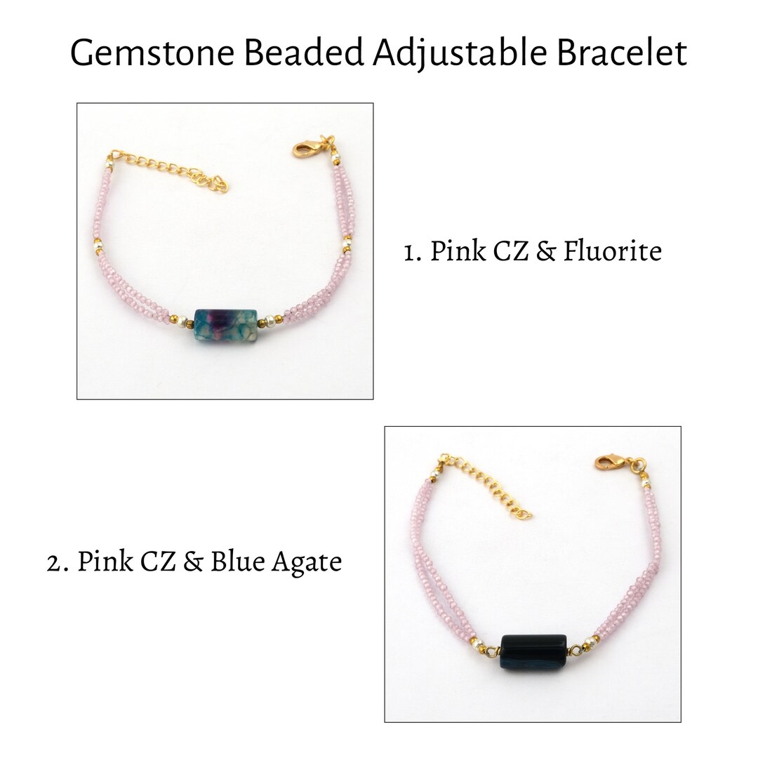 Pink CZ Beaded Bracelet, Double Strands Adjustable Bracelet, Natural ...