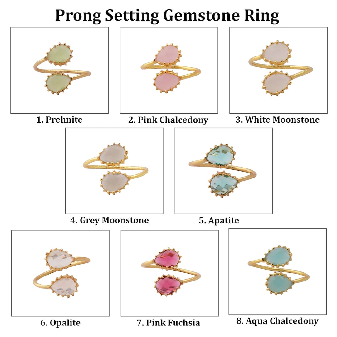 Pear Shape Prong Setting Gemstone Ring, Prehnite Moonstone Chalcedony ...