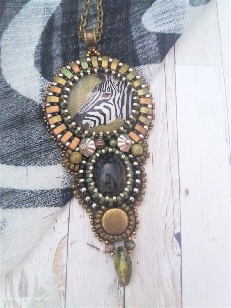 Zebra Bead Embroidered Pendant Necklace. | Etsy