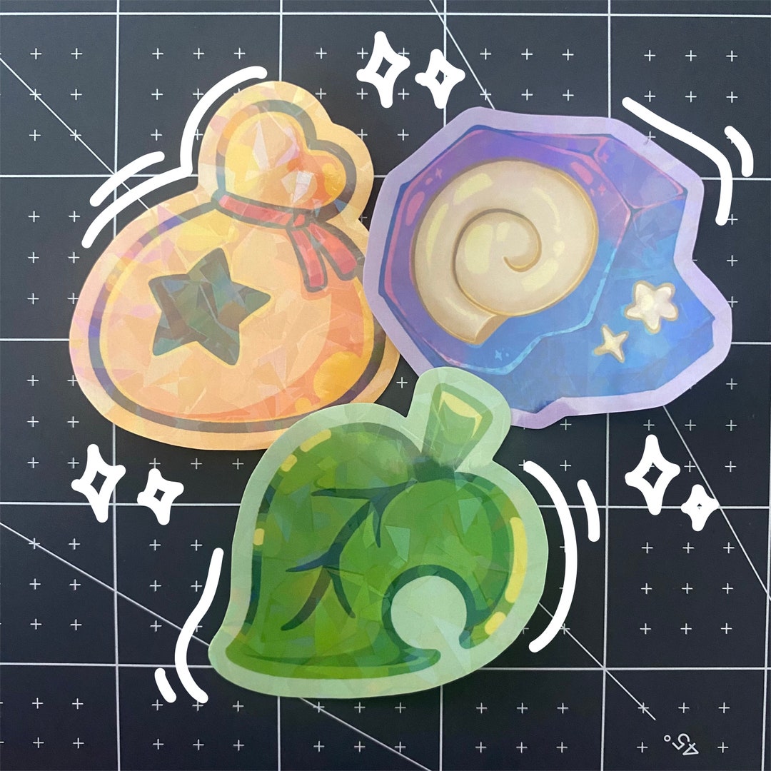 ACNH Sticker Set Cute Animal Crossing Fossil Leaf Money Sticker Glossy ...