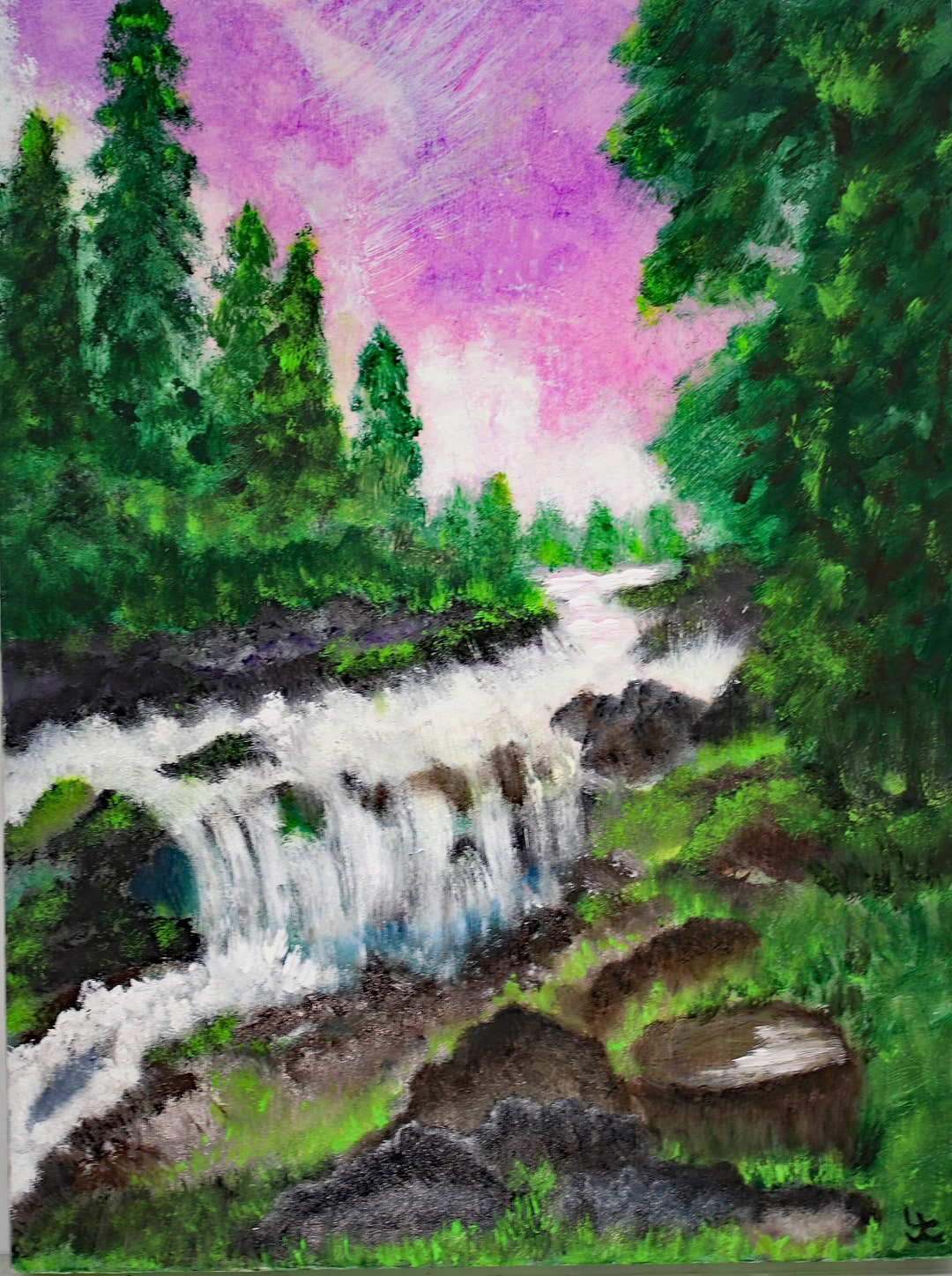Pink Spring River Melt Waterfall Original Oil Painting on Crated Wood ...