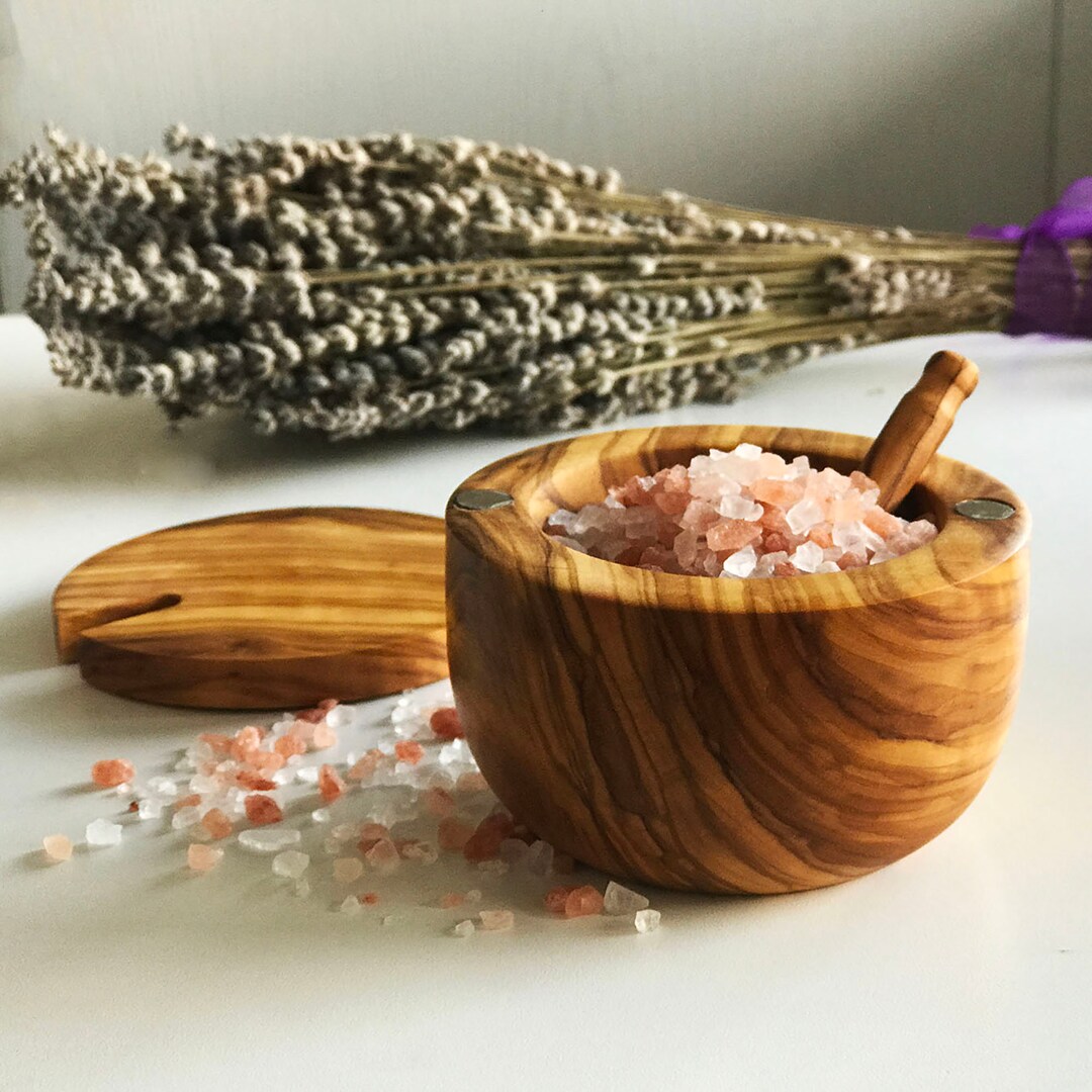 Olive Wood Salt Bowl With Spoon and Lid, Wooden Salt Bowl, Authentic ...