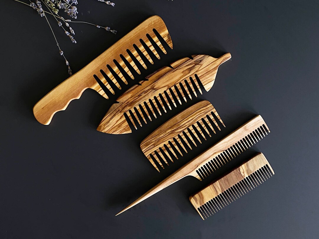 Olive Wood Beauty Comb Set of 5, Wooden Wide Tine Combs, Wooden Close ...