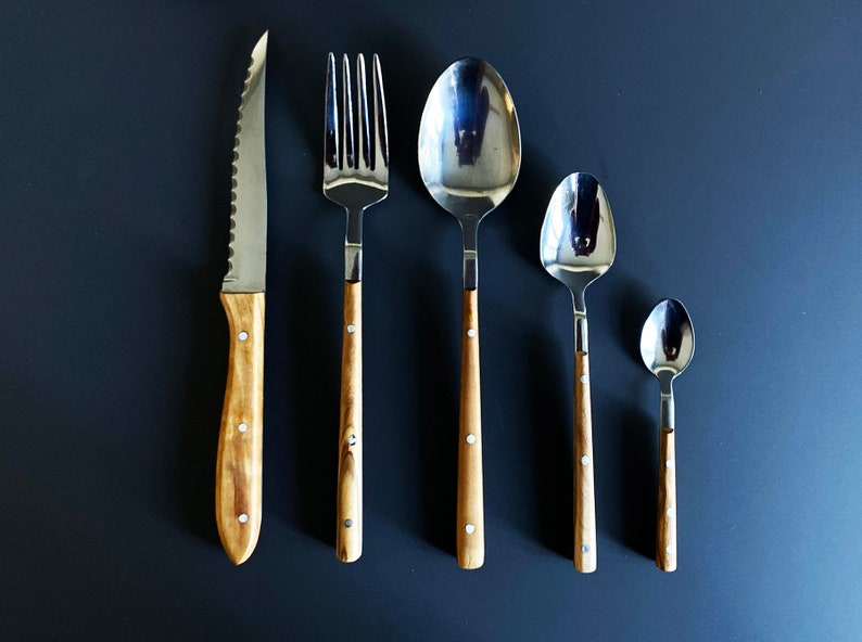 Olive Wood Cutlery, Wood Handle Stainless Steel Cutlery, Luxurious ...