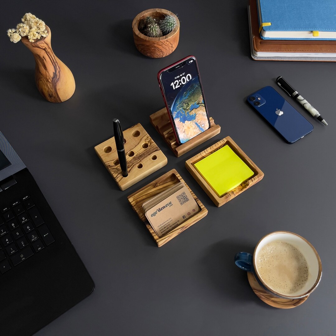 Handmade Olive Wood Desktop Set - 4 Piece Desktop Set - Wooden Desk ...