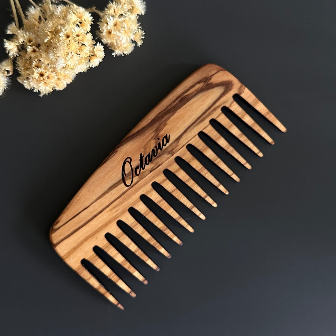 Personalized Olive Wood Wide Tine Comb, Handmade Wooden Beauty Comb ...