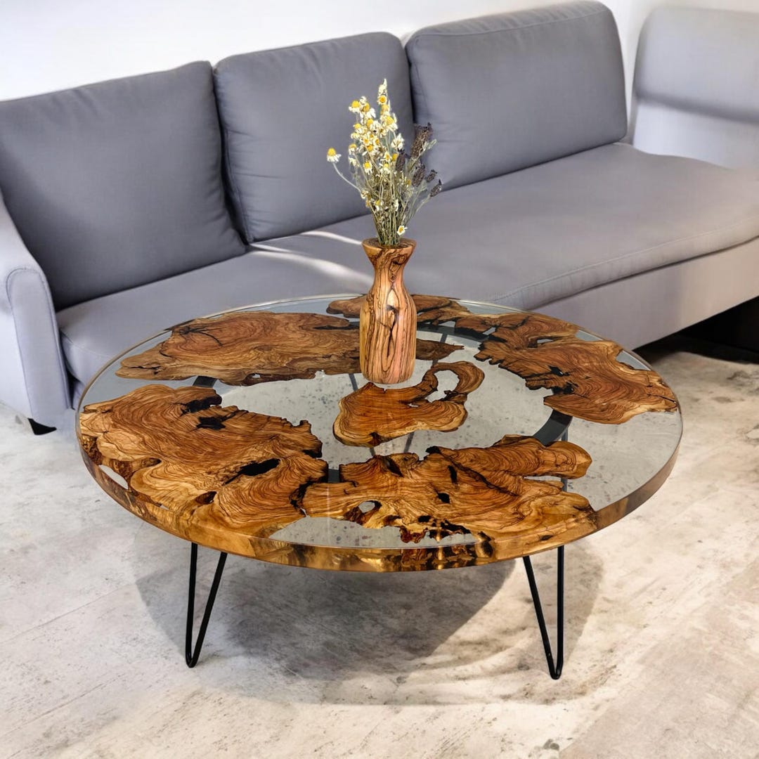 Epoxy Resin Coffe Table | Clear Epoxy Olive Wood Table | Round Epoxy ...