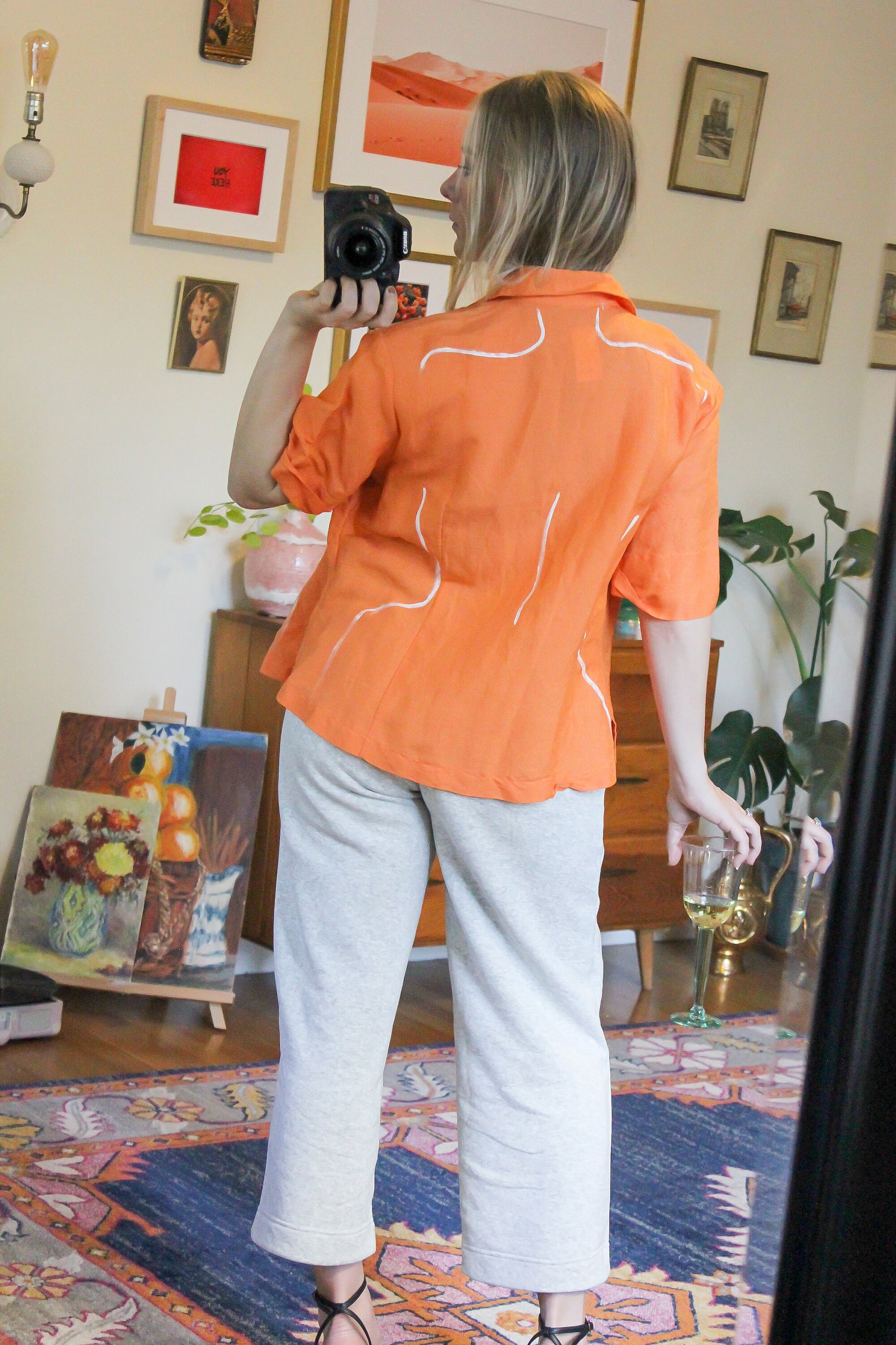 Custom Hand Painted BODY LINES Linen Top / Vintage Linen Orange Blouse ...