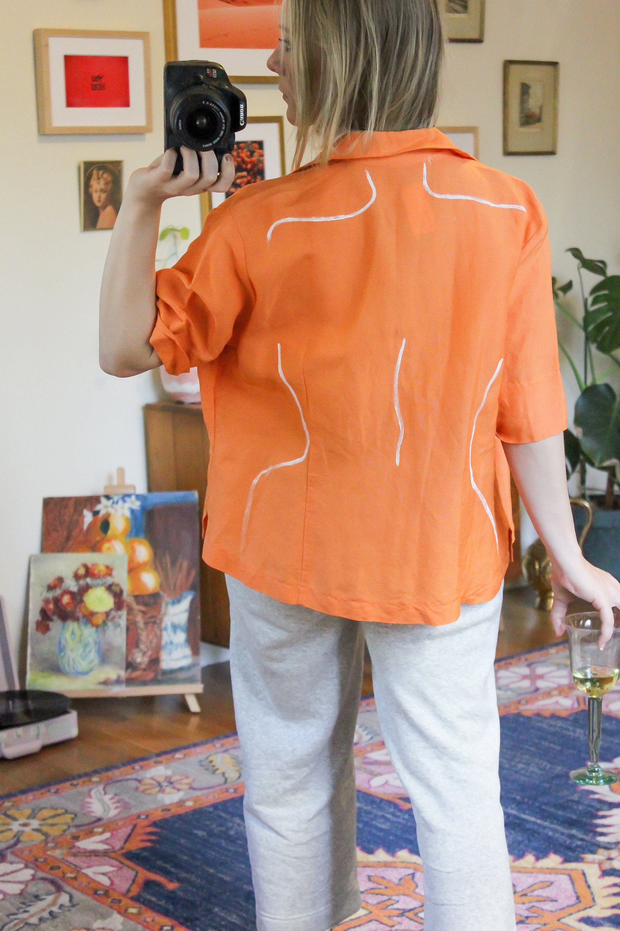 Custom Hand Painted BODY LINES Linen Top / Vintage Linen Orange Blouse ...