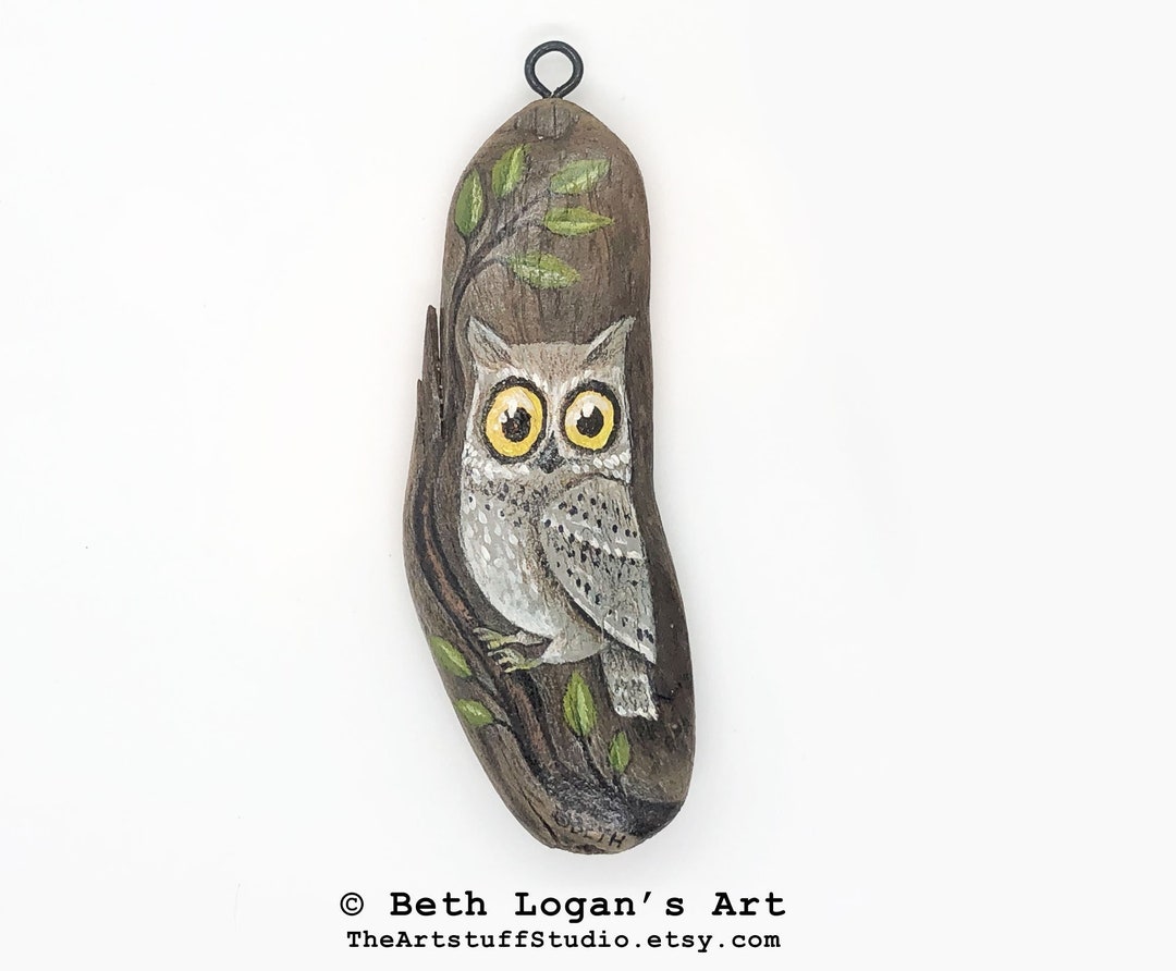 Tiny Original Painting - Little Grey Owl on Driftwood - One of a Kind ...