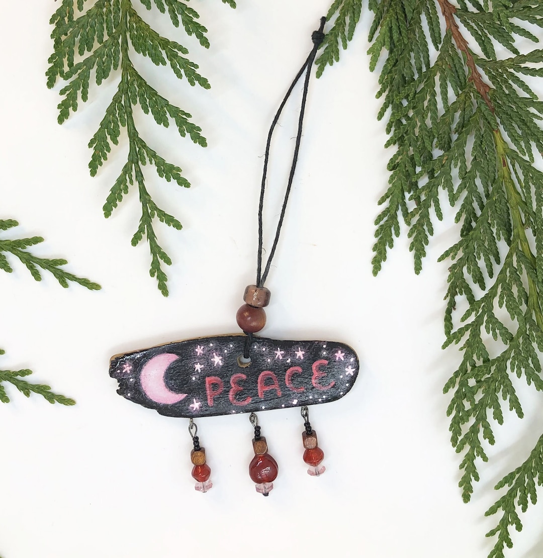 Peace/moon Ornament 2 - Hand-painted Driftwood With Beads - Etsy