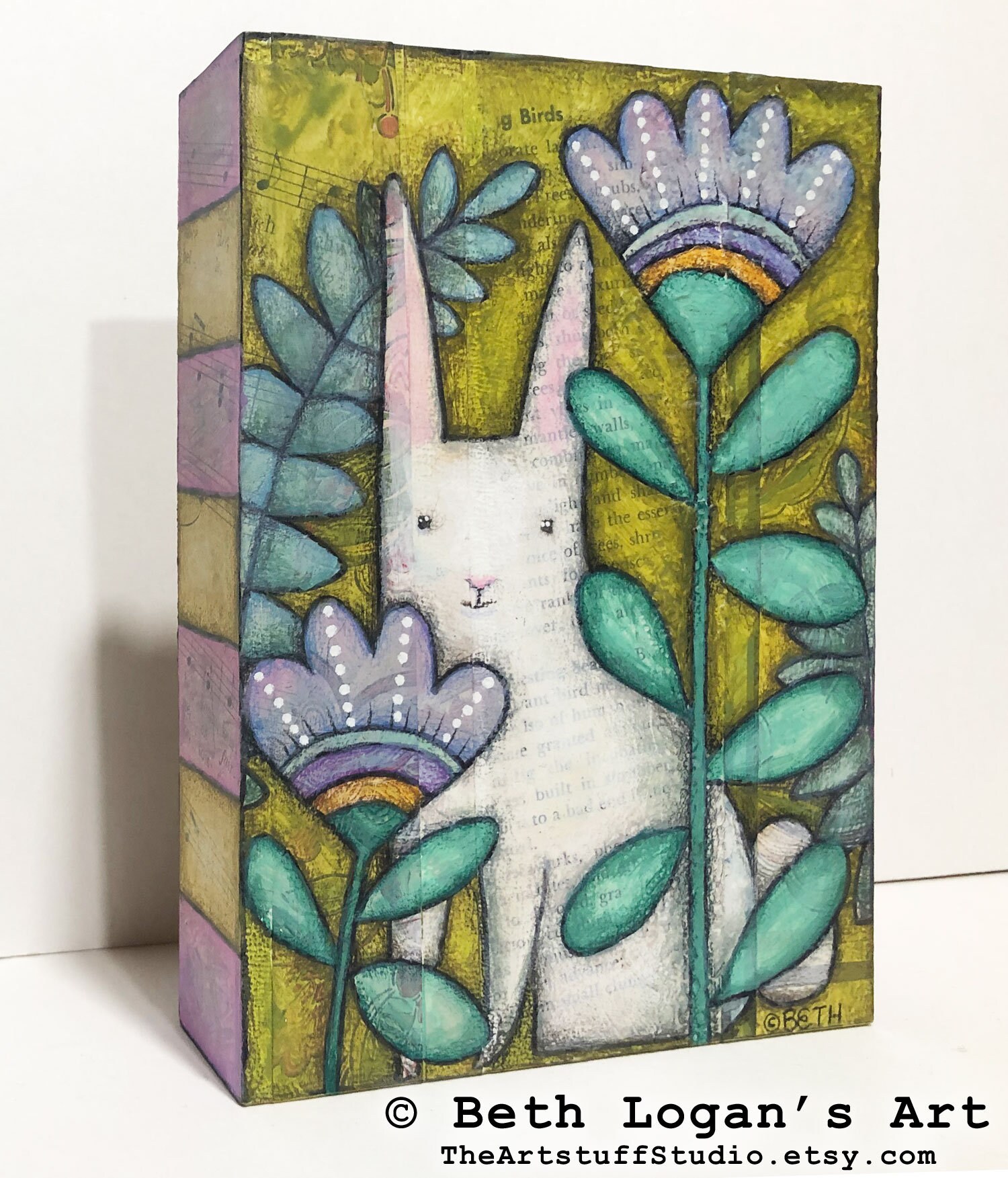 White Rabbit With Flowers Original Acrylic Painting Mixed | Etsy