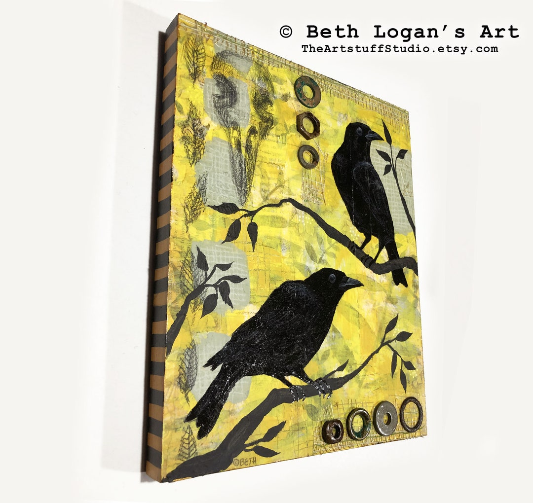 Crows in Branches I - Original Acrylic Painting - Mixed Media Collage ...