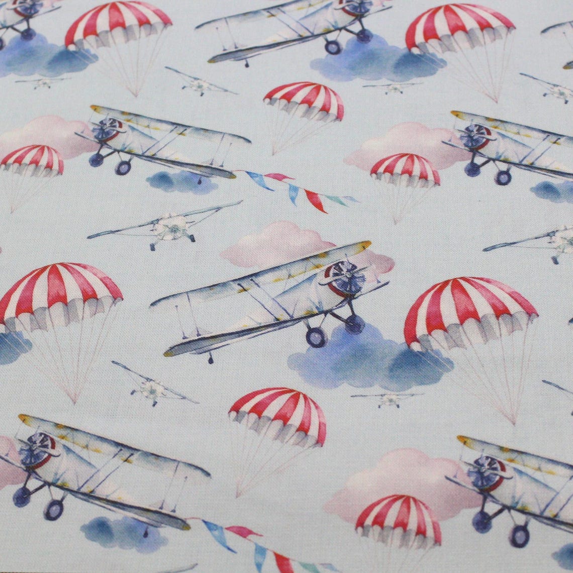 AIRPLANES Cotton Fabric. Watercolour Bi-planes, Clouds and Parachutes ...