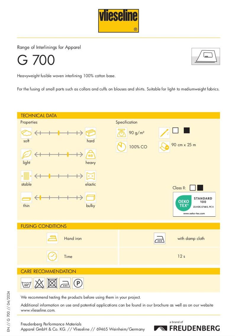 Fusible Interfacing Vilene G700. Stable Woven Medium/heavyweight ...