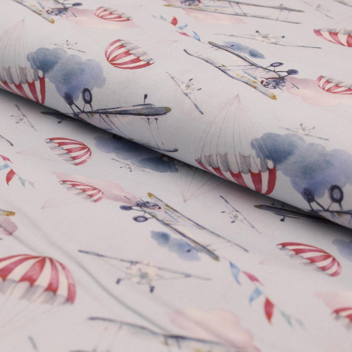 AIRPLANES Cotton Fabric. Watercolour Bi-planes, Clouds and Parachutes ...