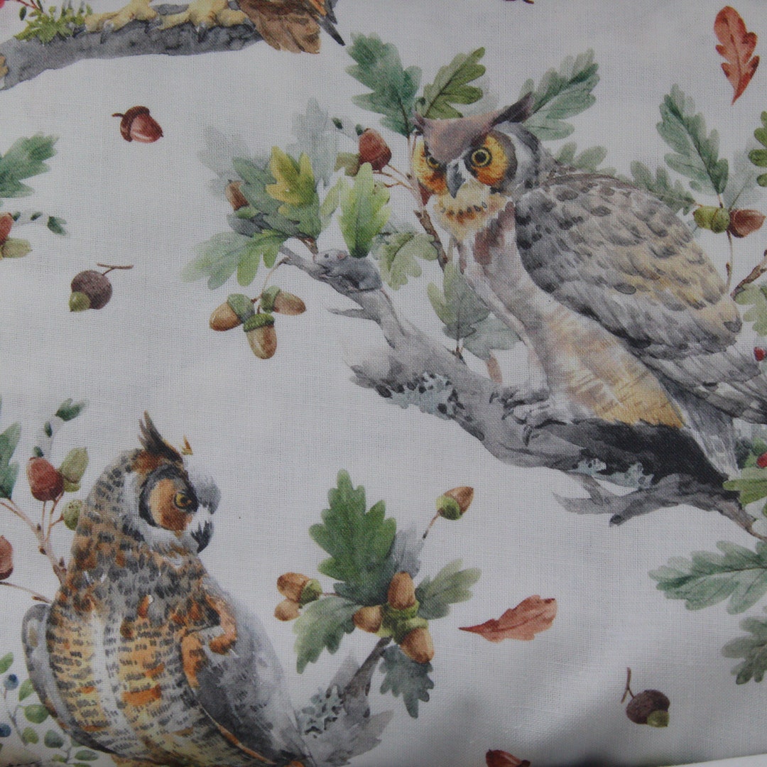 Cotton Fabric With Eurasian Eagle-owl Resting on a Branch of an Oak ...