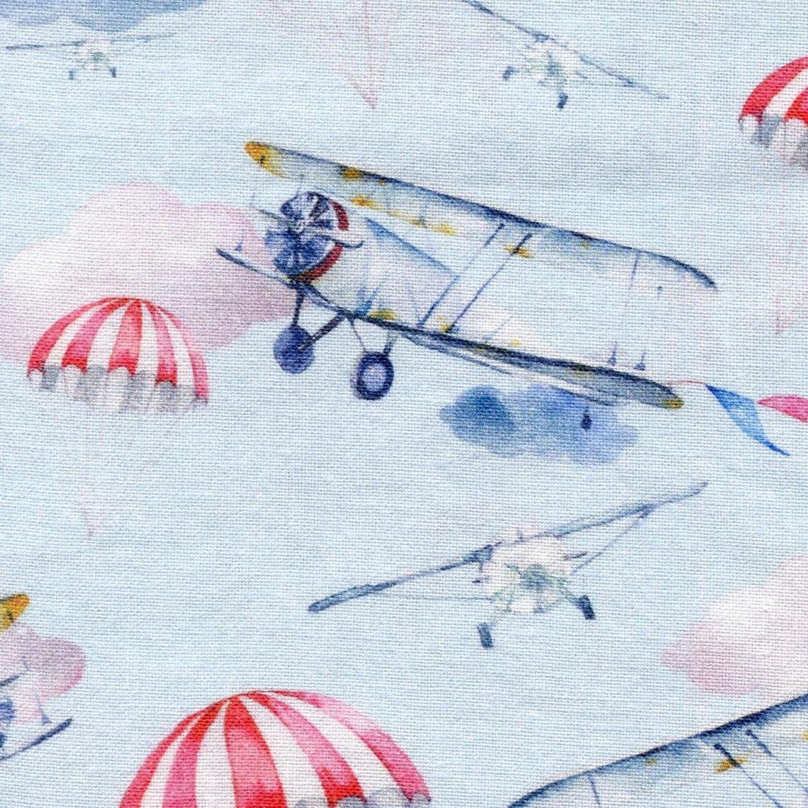 AIRPLANES Cotton Fabric. Watercolour Bi-planes, Clouds and Parachutes ...