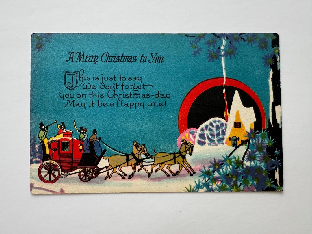 Antique Lithograph Postcard • Christmas Stagecoach & Winter Cottage ...