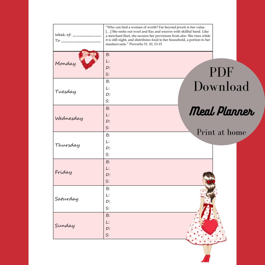 Printable Valentine Themed Meal Planner - Instant Digital Download PDF ...