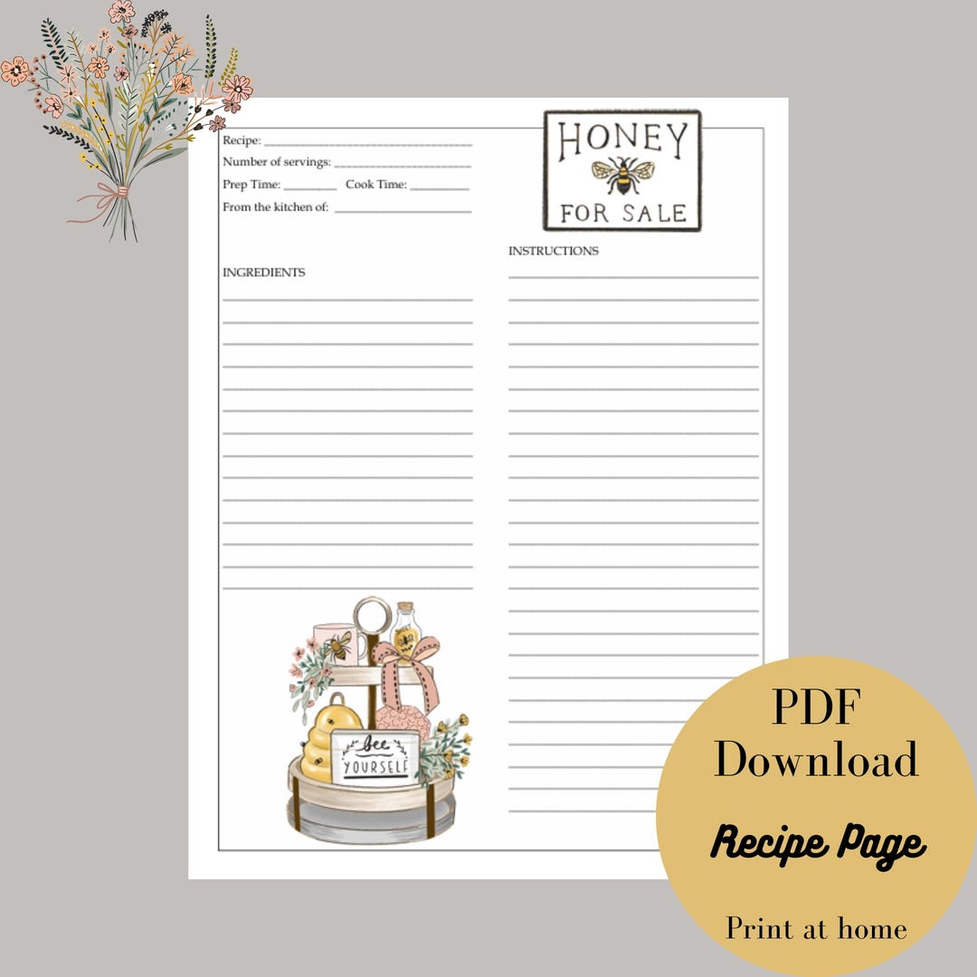 Printable Bee and Honey Recipe Page - Unique Recipe Pages - Pretty ...
