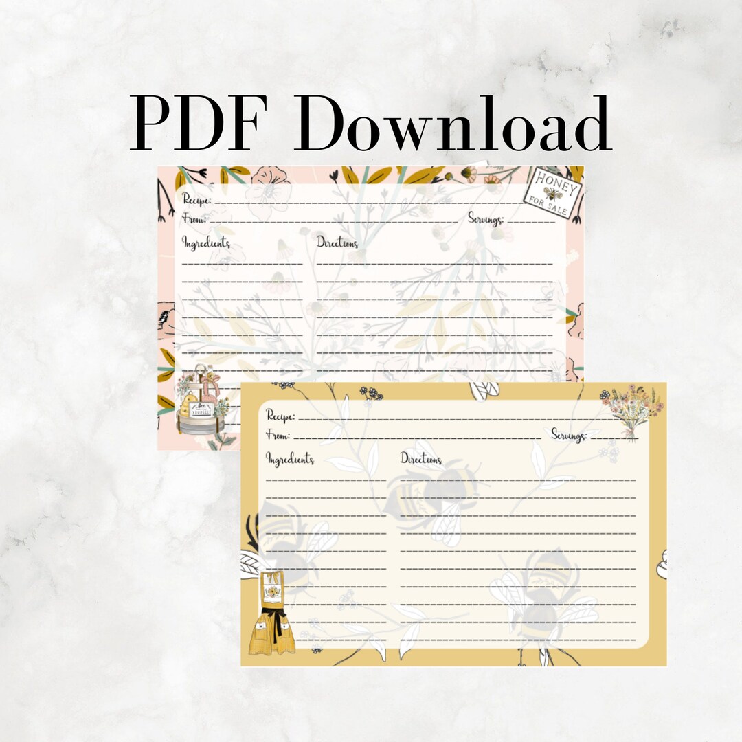 Printable Recipe Cards Floral Recipe Card Printable Recipe Card Bundle ...