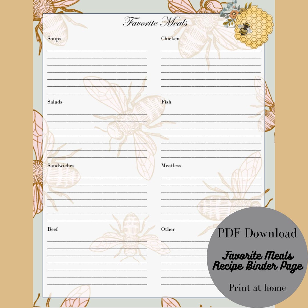Favorite Meals Printable - Meal Master List for Recipe Binder - Meal ...