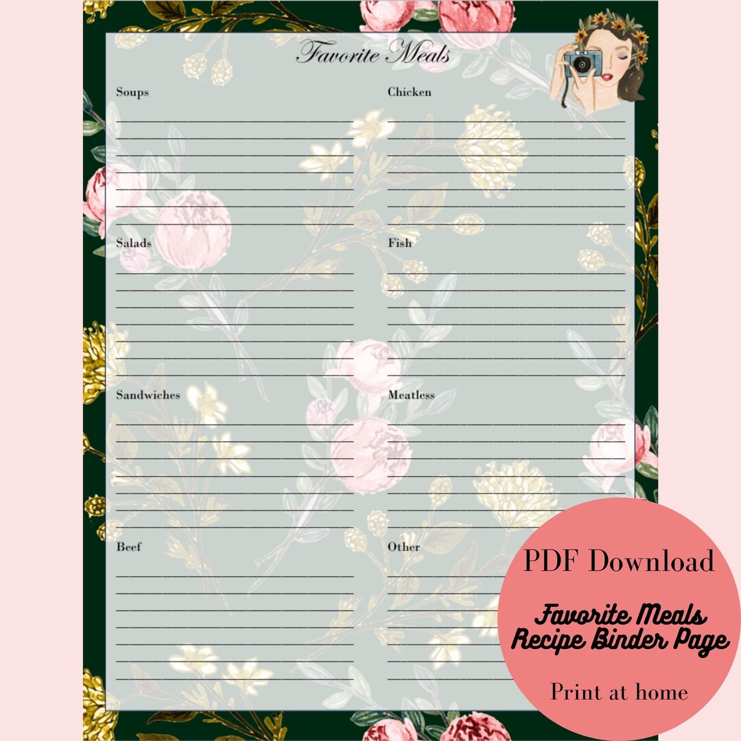 Favorite Meals Printable - Meal Master List for Recipe Binder - Meal ...