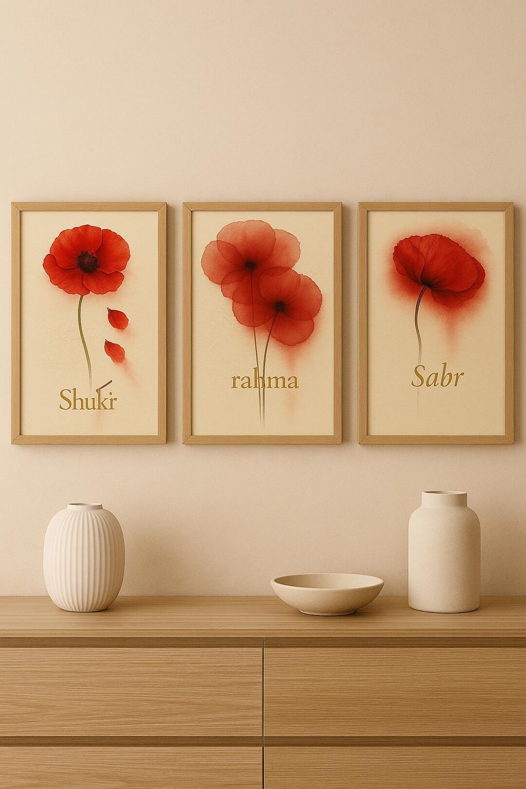 Shukr, Sabr, Rahma" Islamic Wall Art | Red Poppy Flower Digital Prints ...