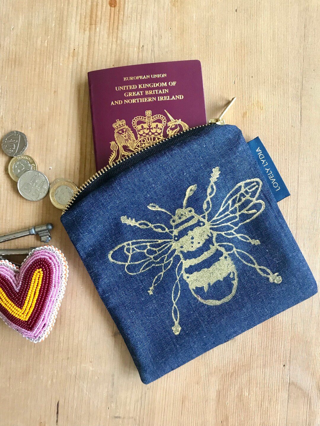 Golden Bee Mini Denim Zipper Purse Hand Printed & Hand Sewn Purse for ...