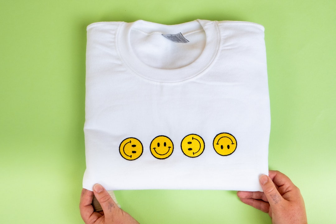 Smiley Faces Embroidered Sweatshirt, Acid House Happy Face Crewneck ...