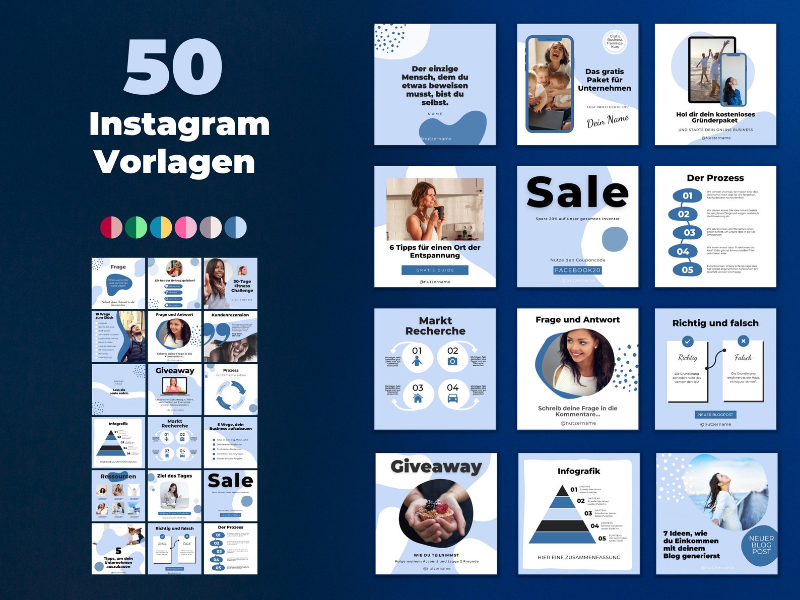 50 Instagram Templates for Canva, Blue Edition, Instagram Template for ...