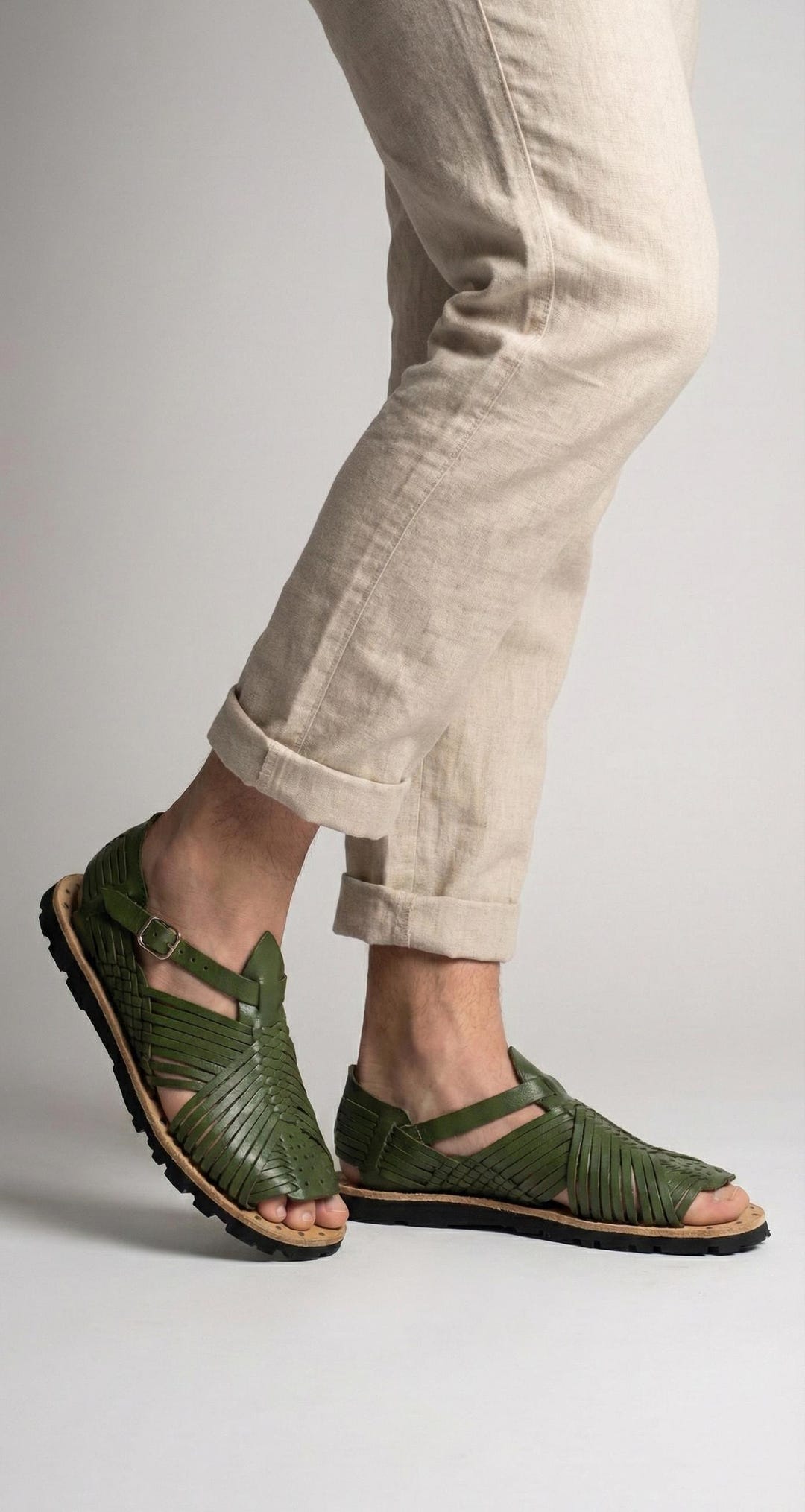 Men's Mexican Huaraches, Open Toe, Genuine Leather, Tire Sole, Avocado ...