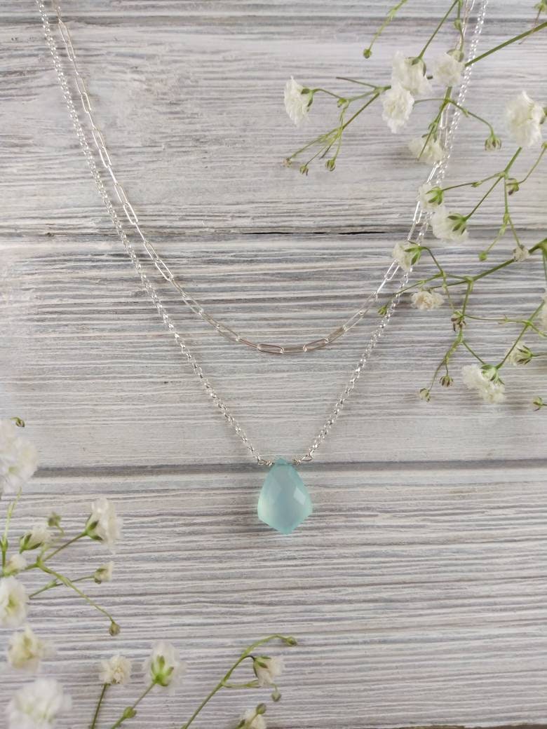 Aqua Chalcedony Sterling Silver Necklace: Layering Paperclip Chain - Etsy