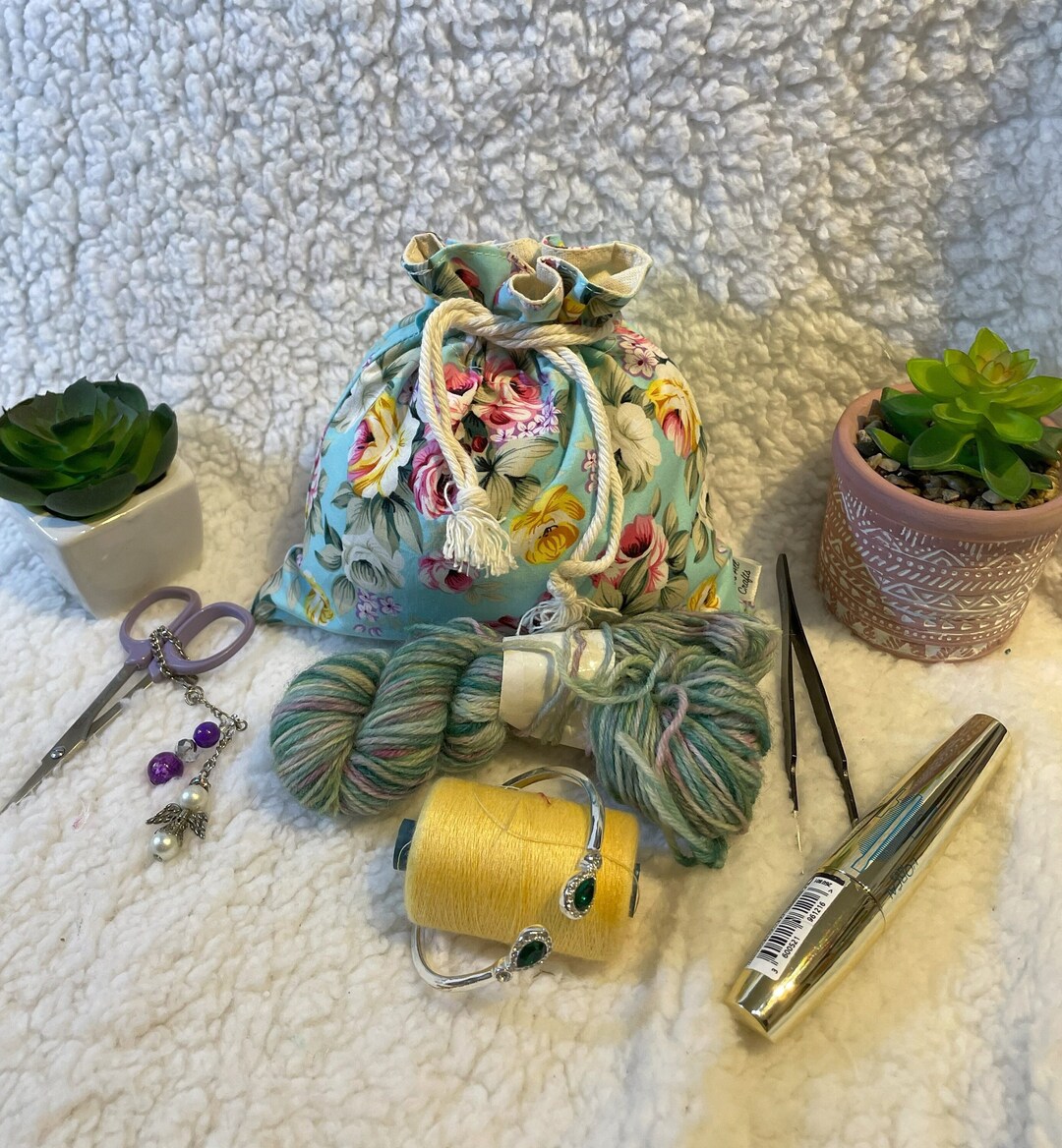 Sm and Medium Drawstring Fabric Bags in a Blue Floral Pattern, Ideal ...